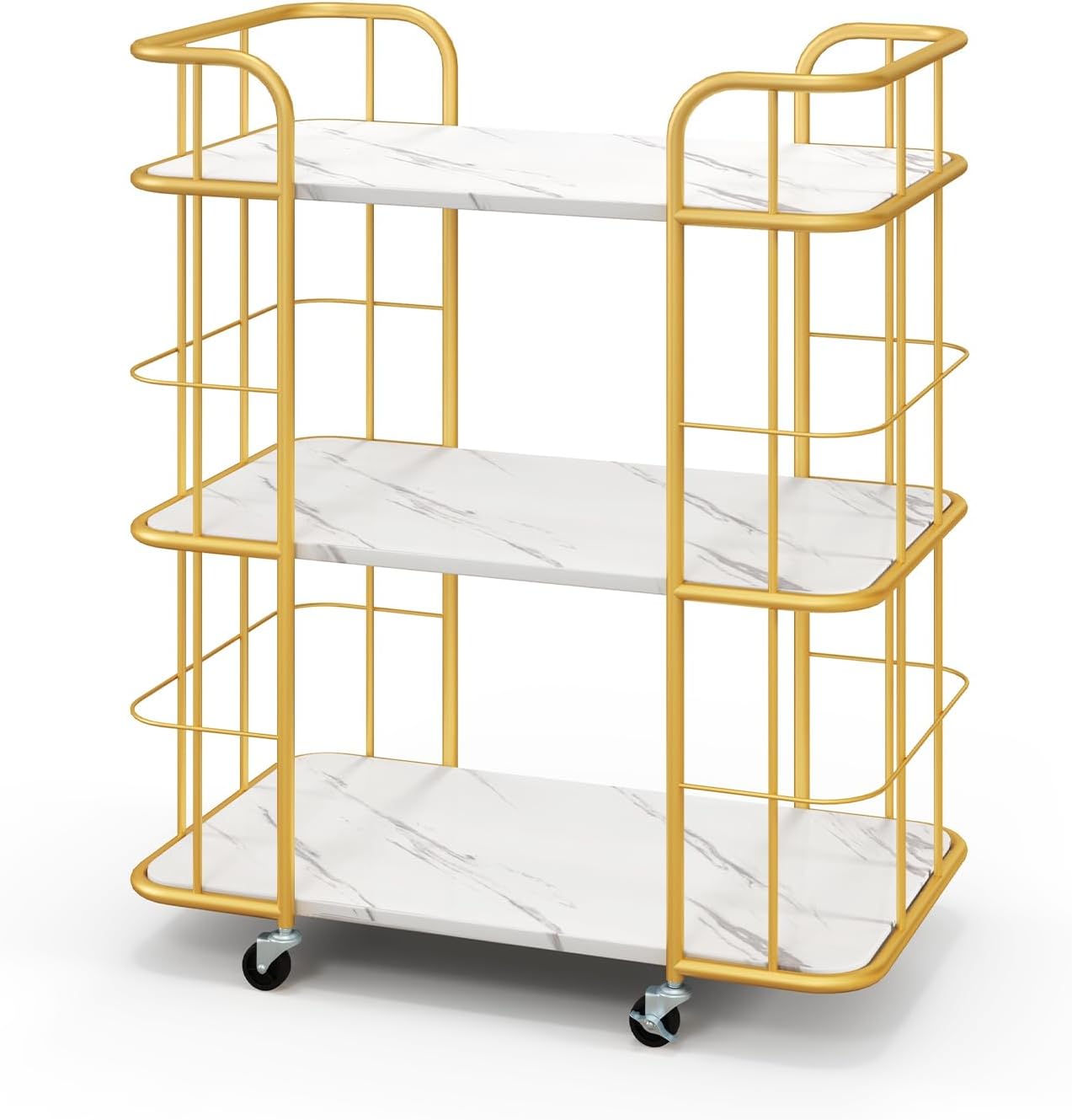 Rolling Bar Cart Gold, 3-Tier Kitchen Utility Cart with Steel Frame ...