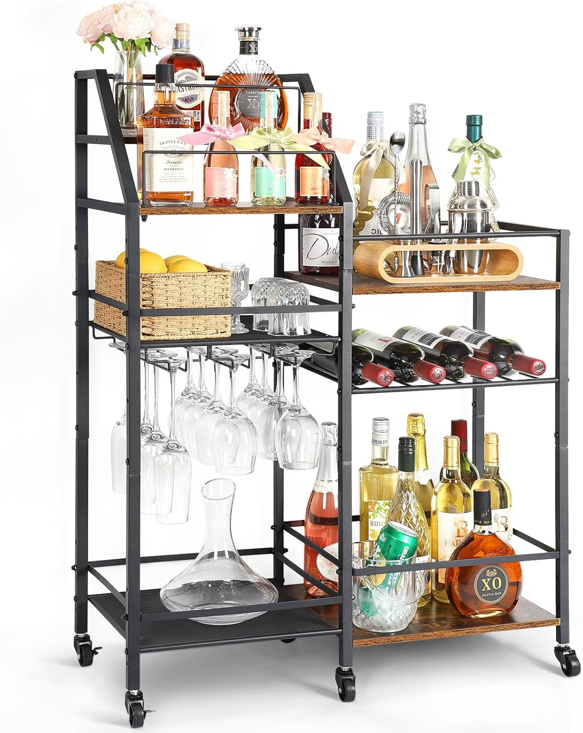 Rolling Bar Cart with Wine Glass Holder, Mini Bar for Whiskey Wine ...