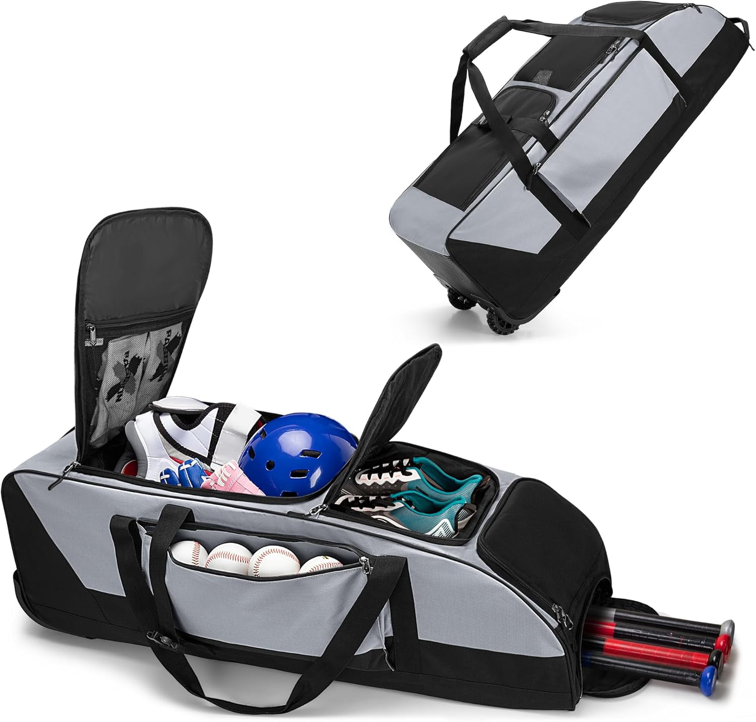 Rolling Baseball Softball Bag with Wheels for 4 Bats, Baseball Duffle ...