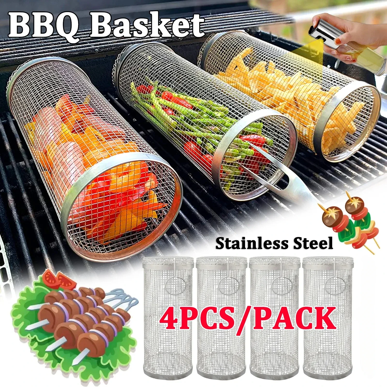 Rolling Bbq Basket- Greatest Grilling Basket Ever, Round Stainless ...