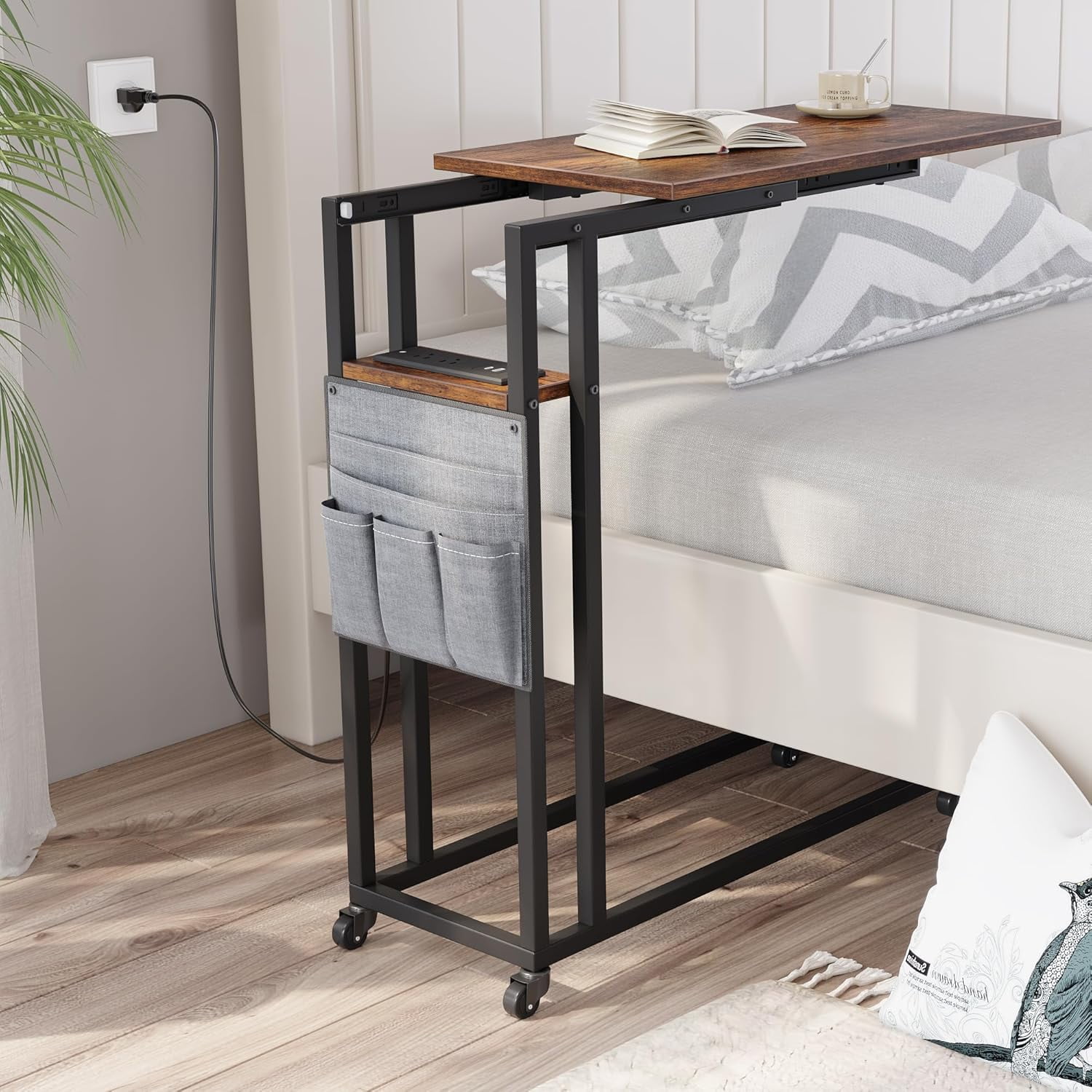 Rolling Bedside Table, Couch Side Table with Wheels & Storage, C Shaped ...