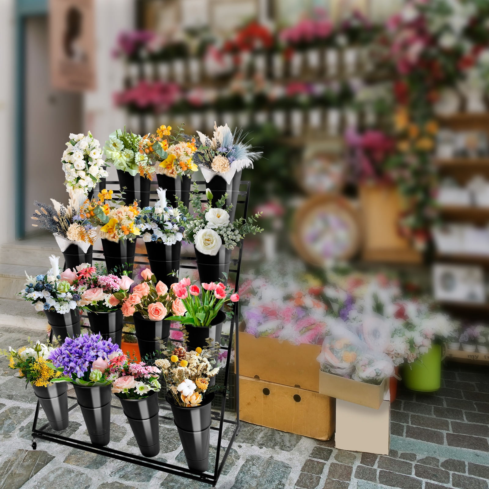 Rolling Black Cylinder Flower Stand with Wheels, Reinforced Floral ...