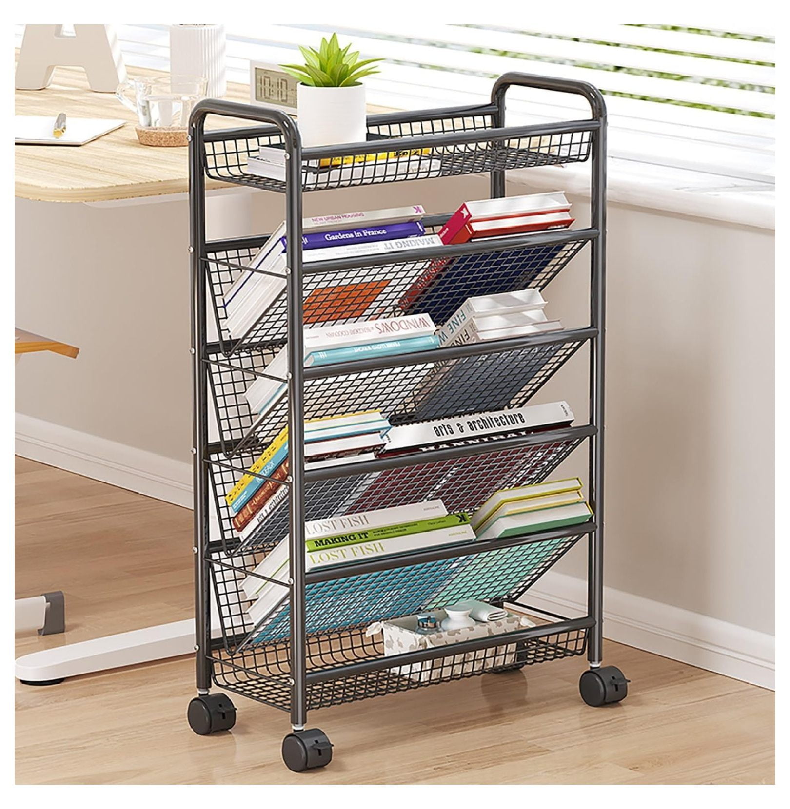 Rolling Book Cart, Mobile Bookshelf with Wheels, Compact Desk Storage ...