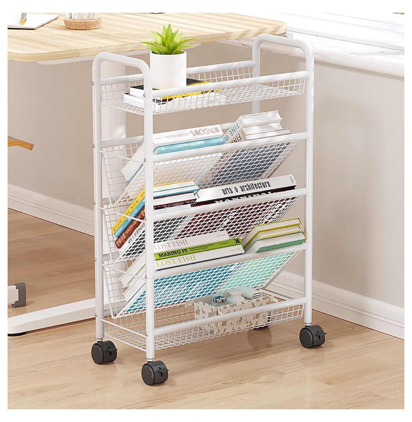 Rolling Book Cart, Mobile Bookshelf with Wheels, Compact Desk Storage ...