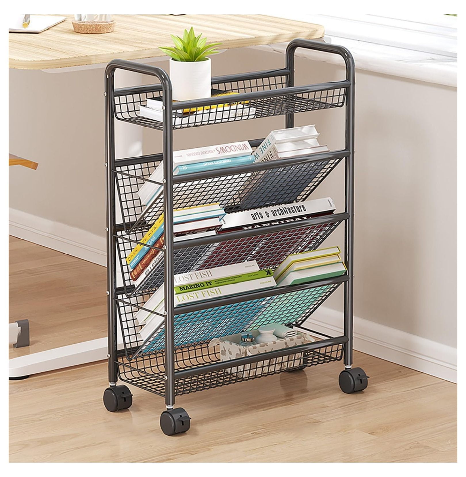 Rolling Book Cart,Mobile Bookshelf with Wheels Compact Desk Storage ...