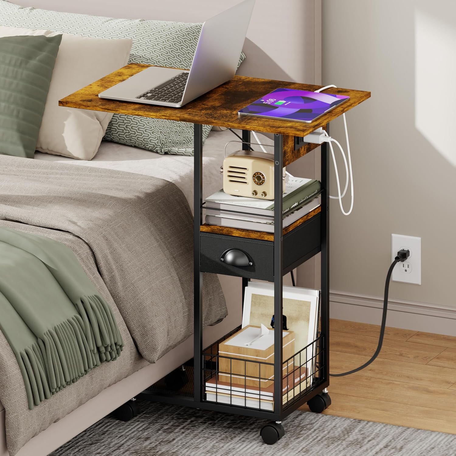 Rolling C-Shaped Side Table with Charging Station, Large Top Mobile End ...