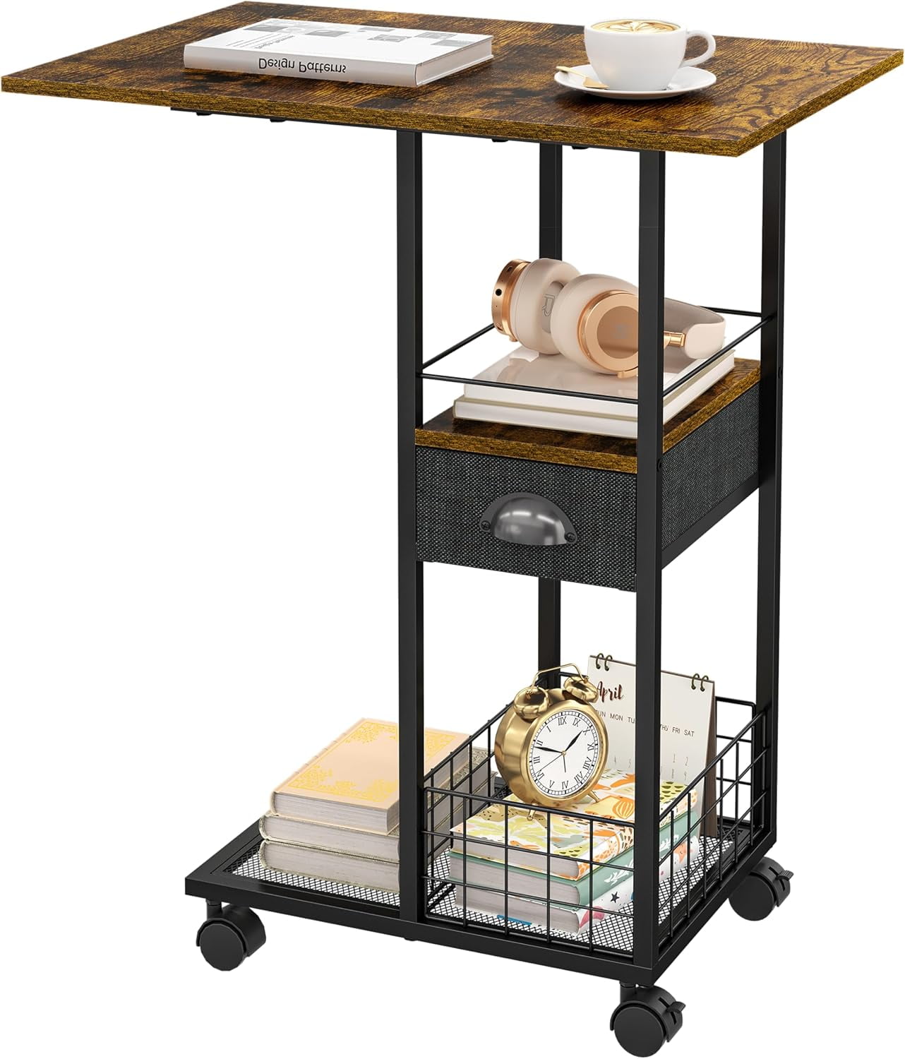 Large Desktop C-Shaped Rolling Side Table with Wheels, Oversized Wood ...