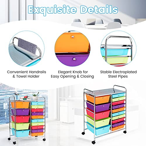 Rolling Cart with 15 Drawers, 15 Tiers Multicolor Trolley, Drawer Bin ...