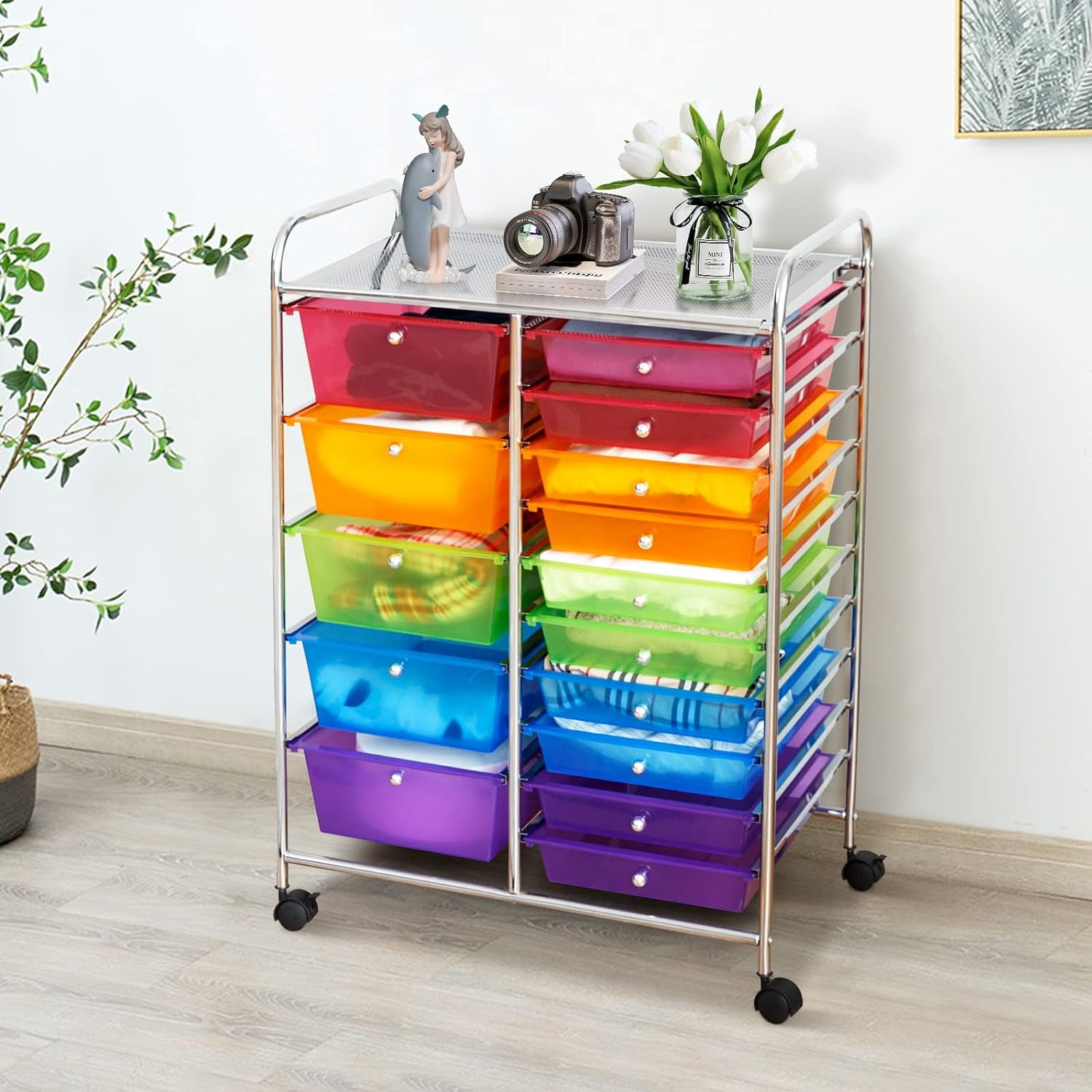 Rolling Cart with 15 Drawers, Clear Plastic Drawer Organizer w/Lockable ...