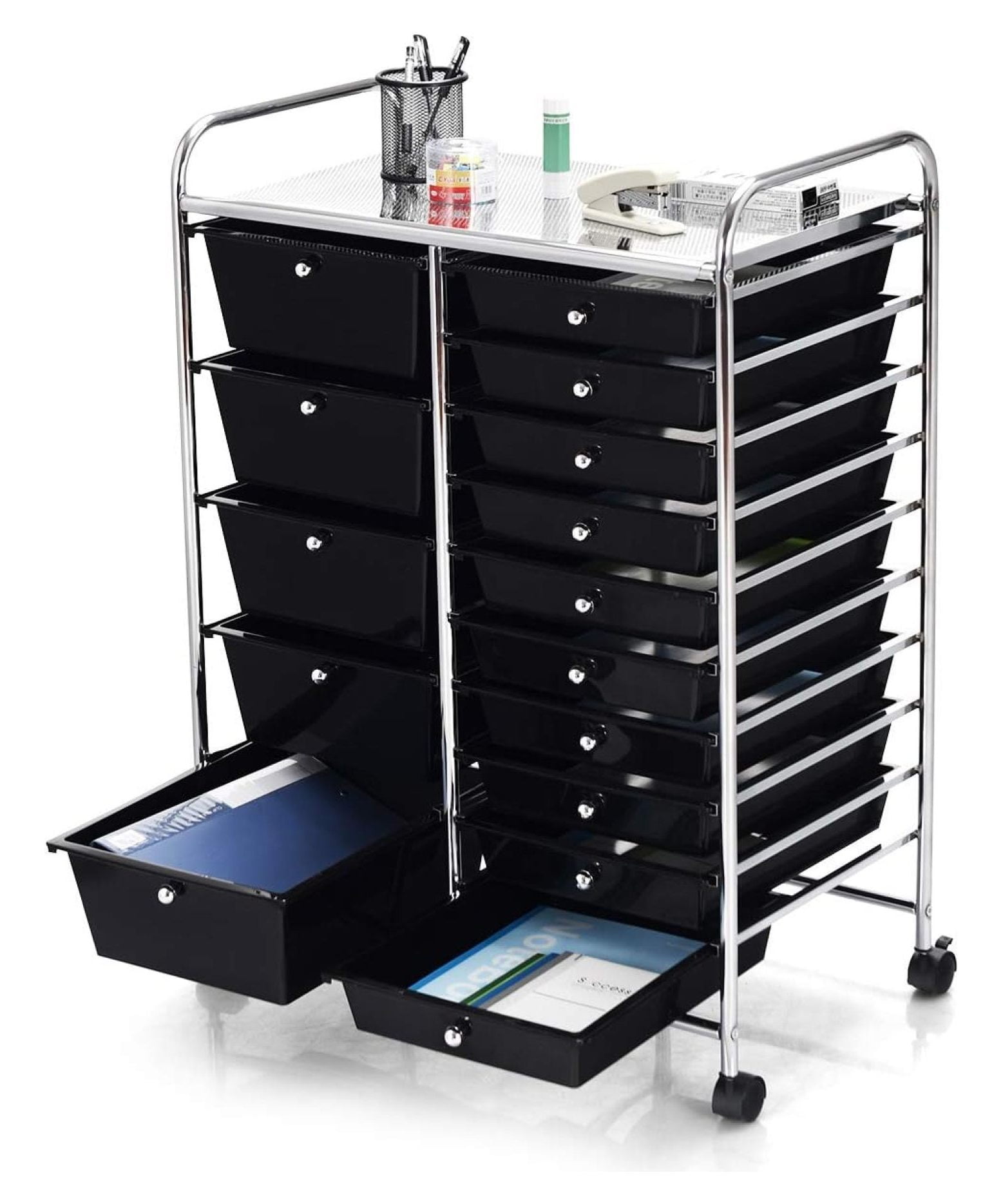 Rolling Cart with 15 Drawers, Clear Plastic Drawer Organizer w/Lockable ...