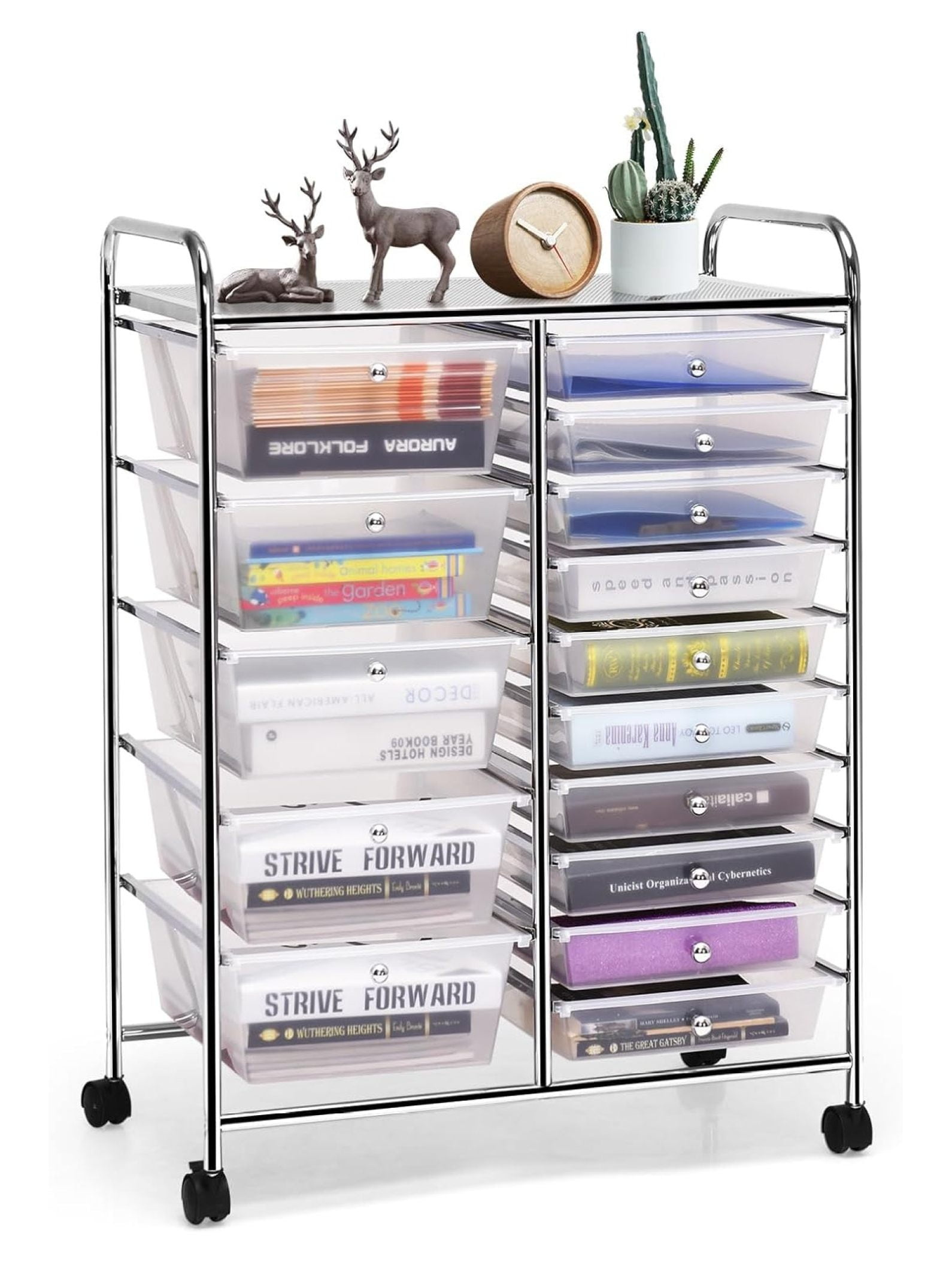Rolling Cart with 15 Drawers, Clear Plastic Drawer Organizer w/Lockable ...