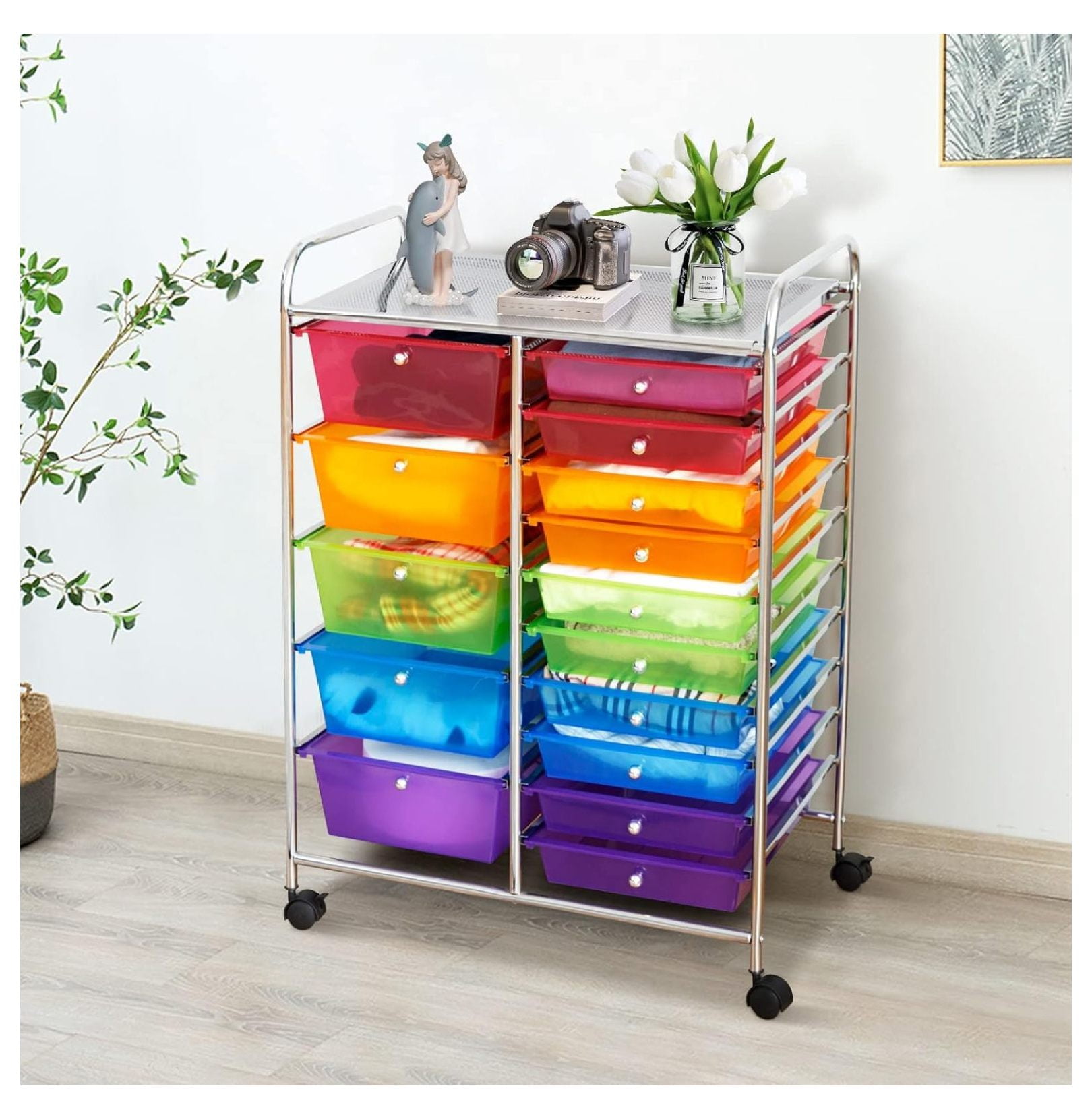 Rolling Cart with 15 Drawers, Clear Plastic Drawer Organizer w/Lockable ...