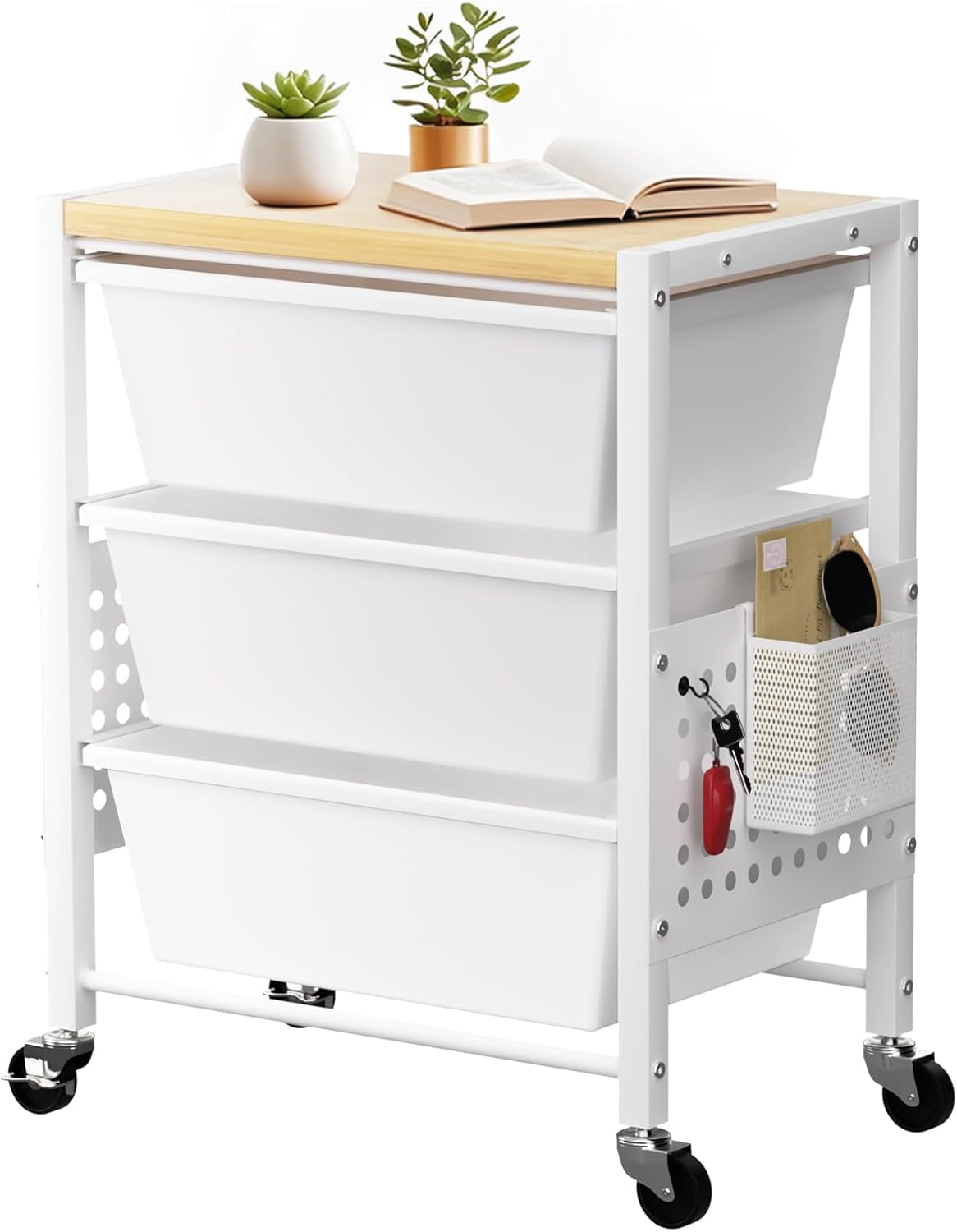 Rolling Cart with 3 Drawers, Plastic Drawer Storage Carts with Lockable ...
