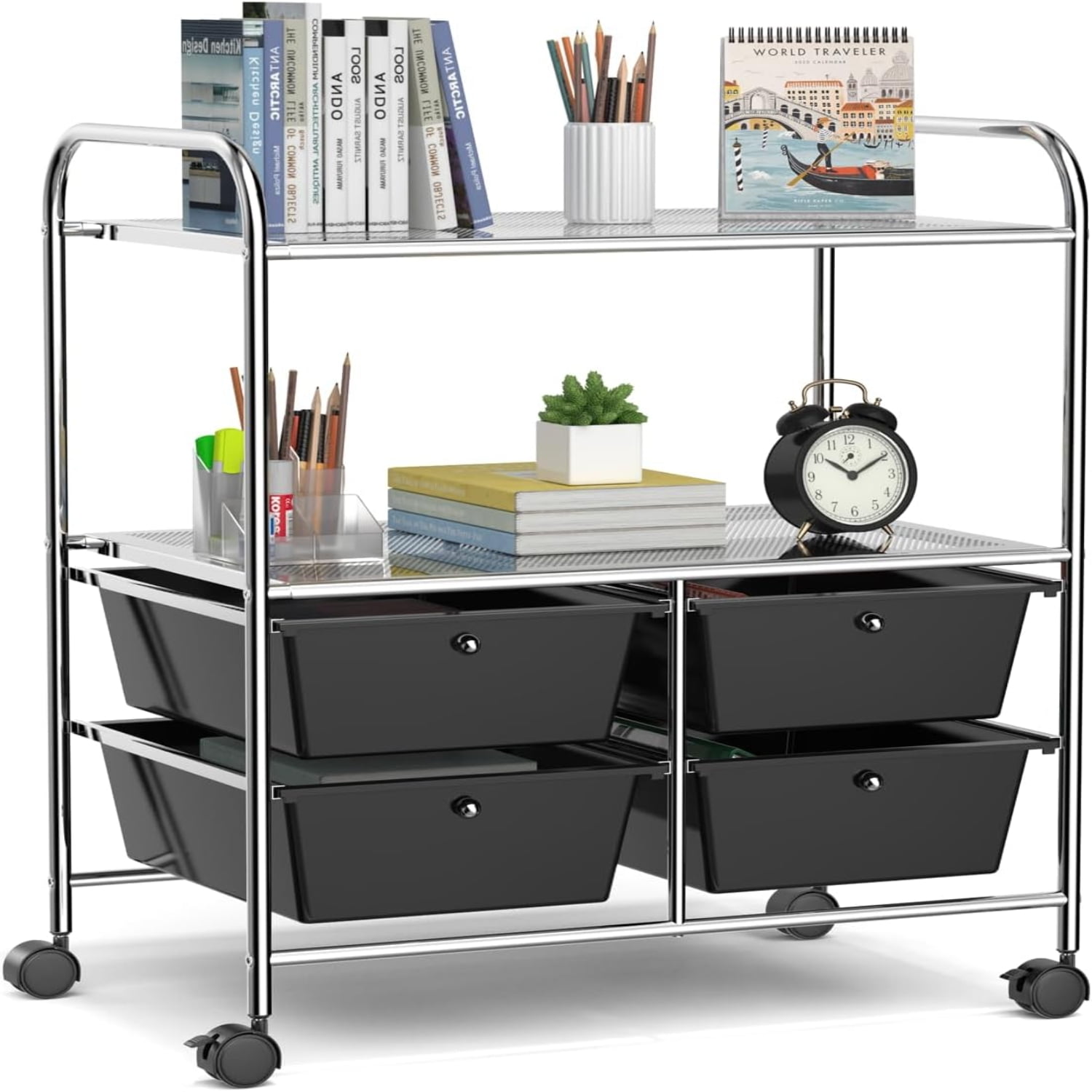 Rolling Cart with 4 Drawers Utility Cart on Wheels w/2 Shelves & Metal ...