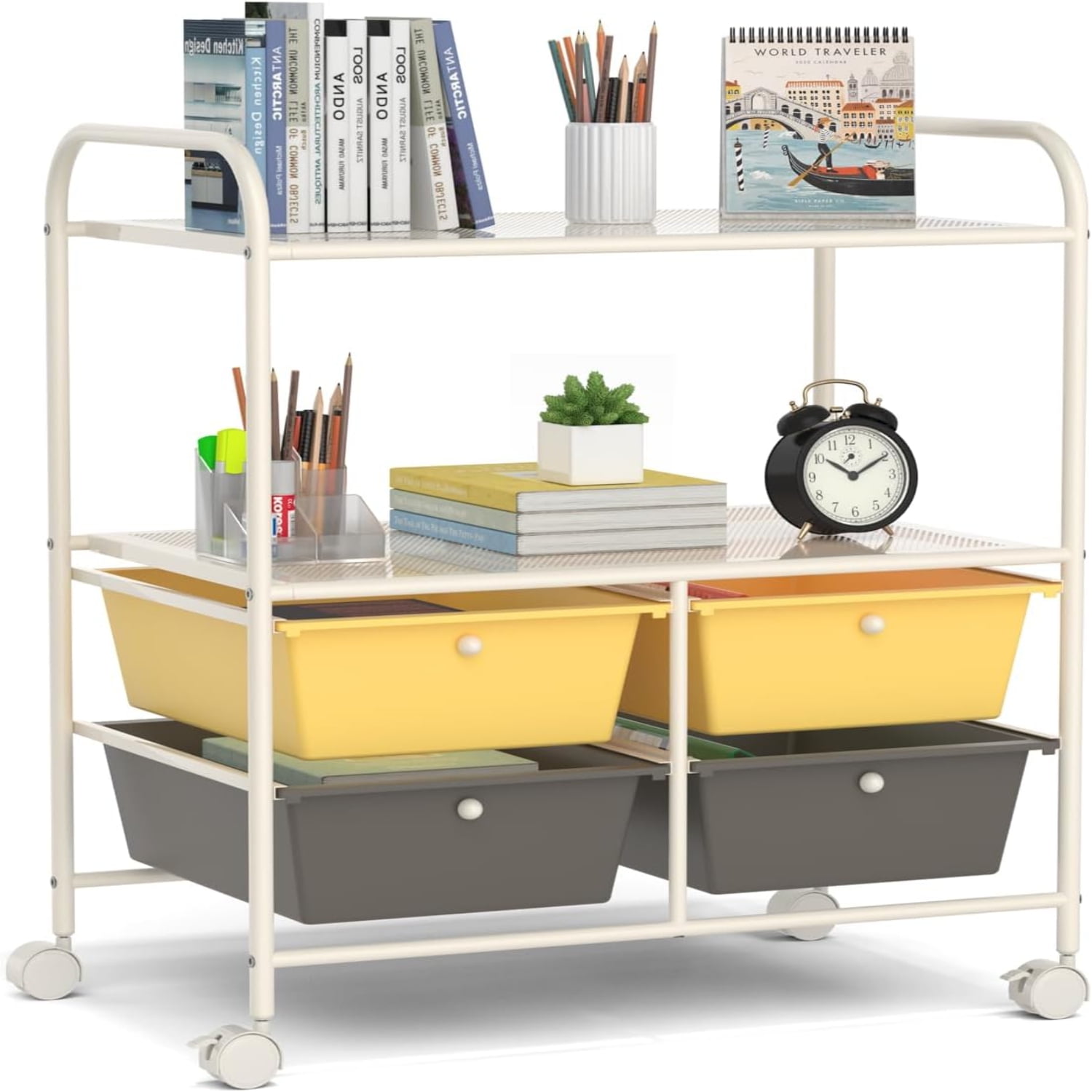 Rolling Cart with 4 Drawers Utility Cart on Wheels w/2 Shelves & Metal ...