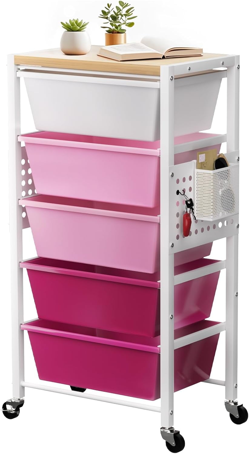 Rolling Cart with 5 Drawers, Plastic Drawer Storage Carts with Lockable ...