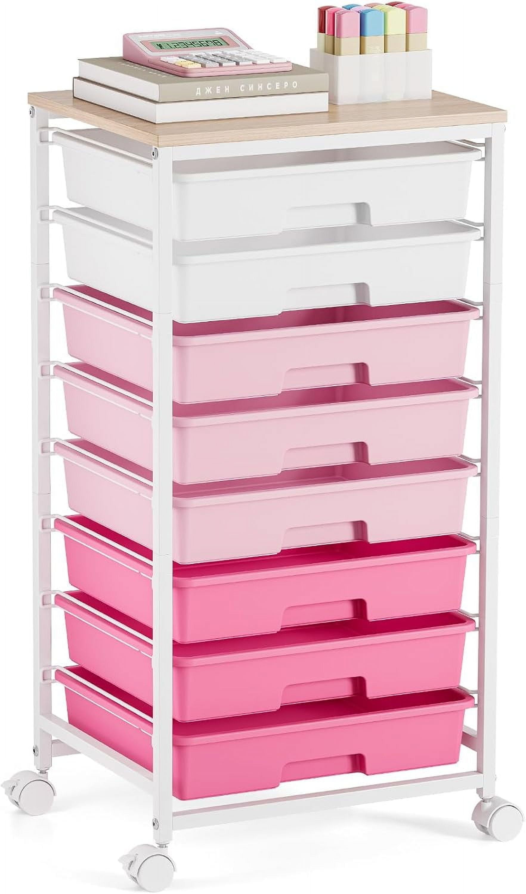 Rolling Cart with Drawers, Pink Cart with 8 Plastic Drawer Storage and ...