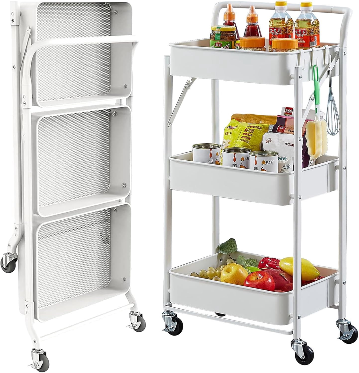 Rolling Cart with Handle, Foldable Metal Storage Cart with Wheels, Mesh ...