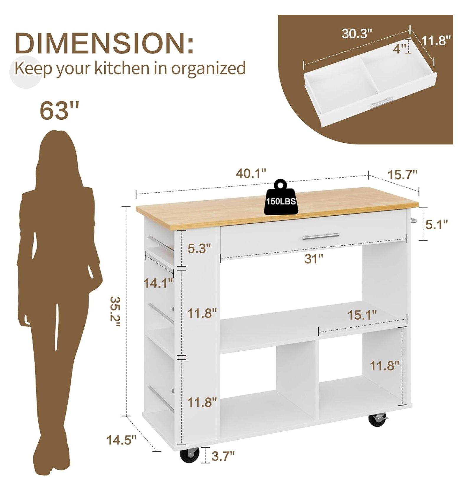 Rolling Cart Kitchen Storage Organizer with 3 Side Spice Rack, Kitchen ...