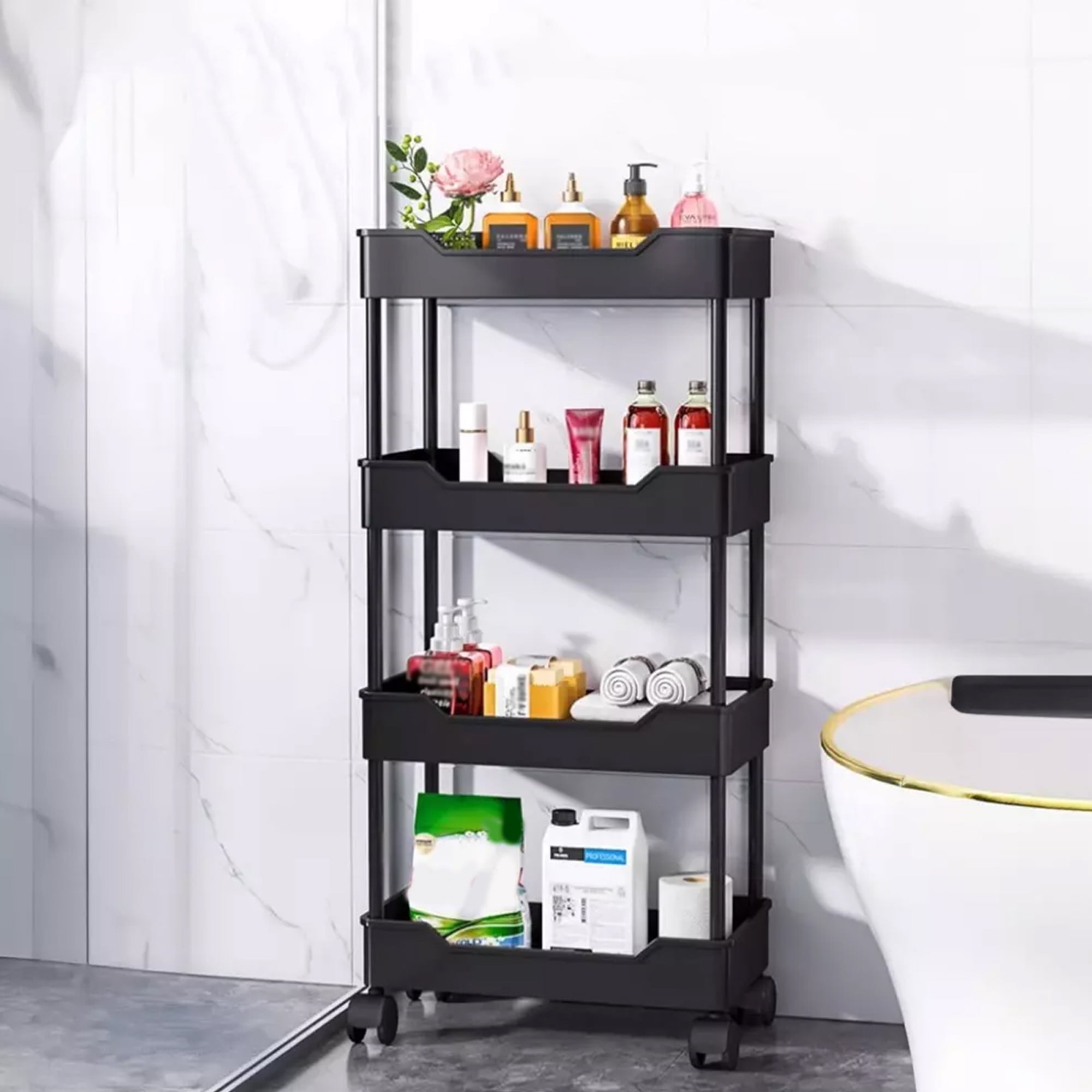 Rolling Cart Organizer, 4 Tier Plastic Rolling Cart with Lockable ...