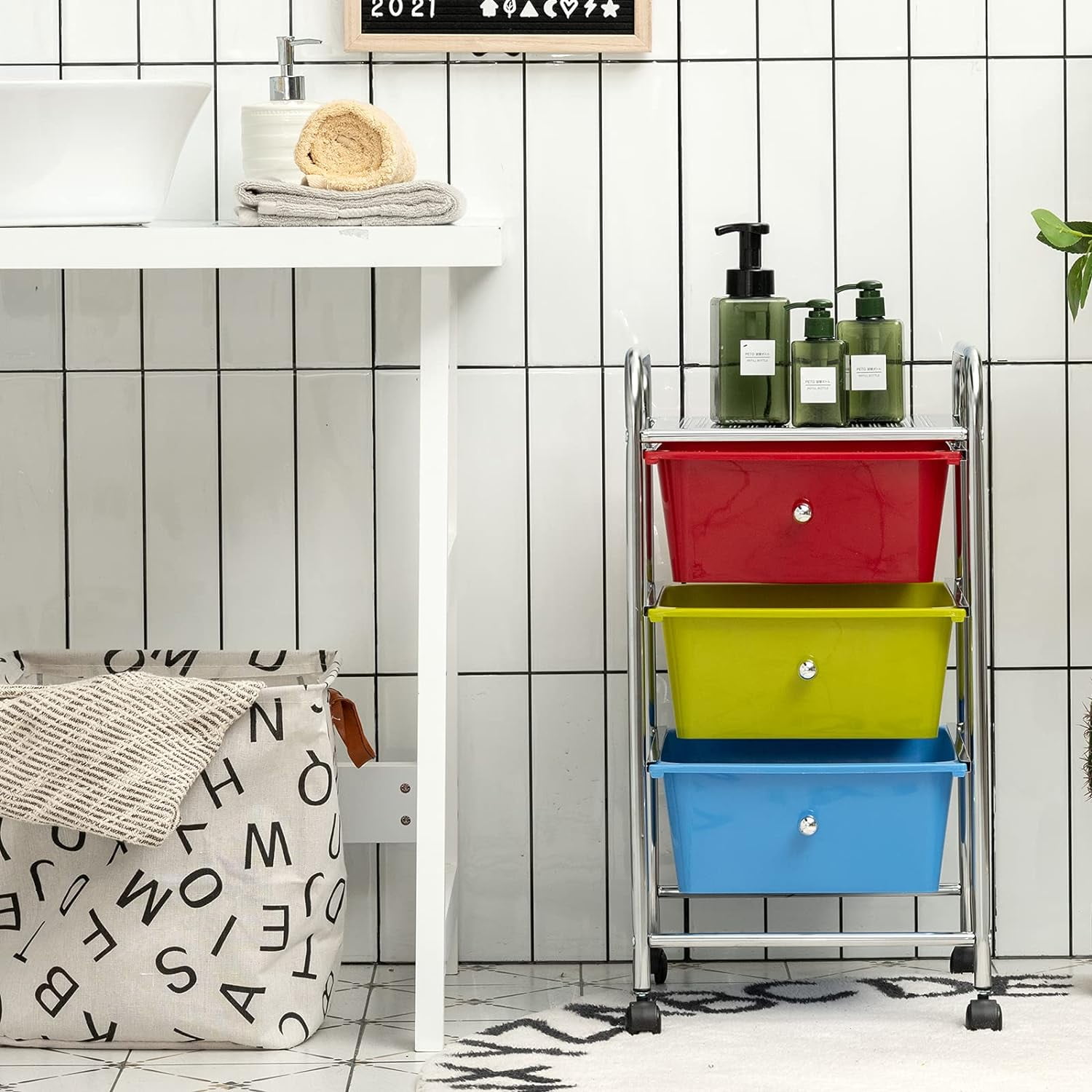 Rolling Cart Storage Bin 3 Drawes Plastic Drawers With Multicolor ...
