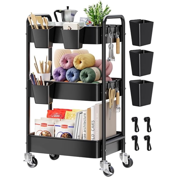 Rolling Cart with 3 Tier Metal Shelves, Utility Storage Cart with ...