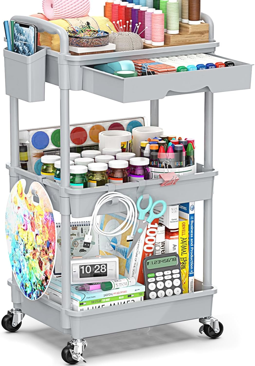 Rolling Cart with Drawer & Lockable Wheels, Plastic Shelf Storage ...