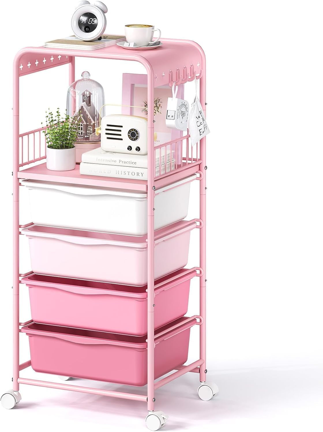 Rolling Cart with Drawers, Pink Storage Cart with 4 Plastic Drawer ...