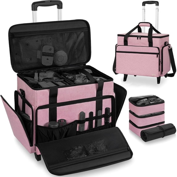 Rolling Case with 4 Removable Pouches,Professional Make up Case with ...