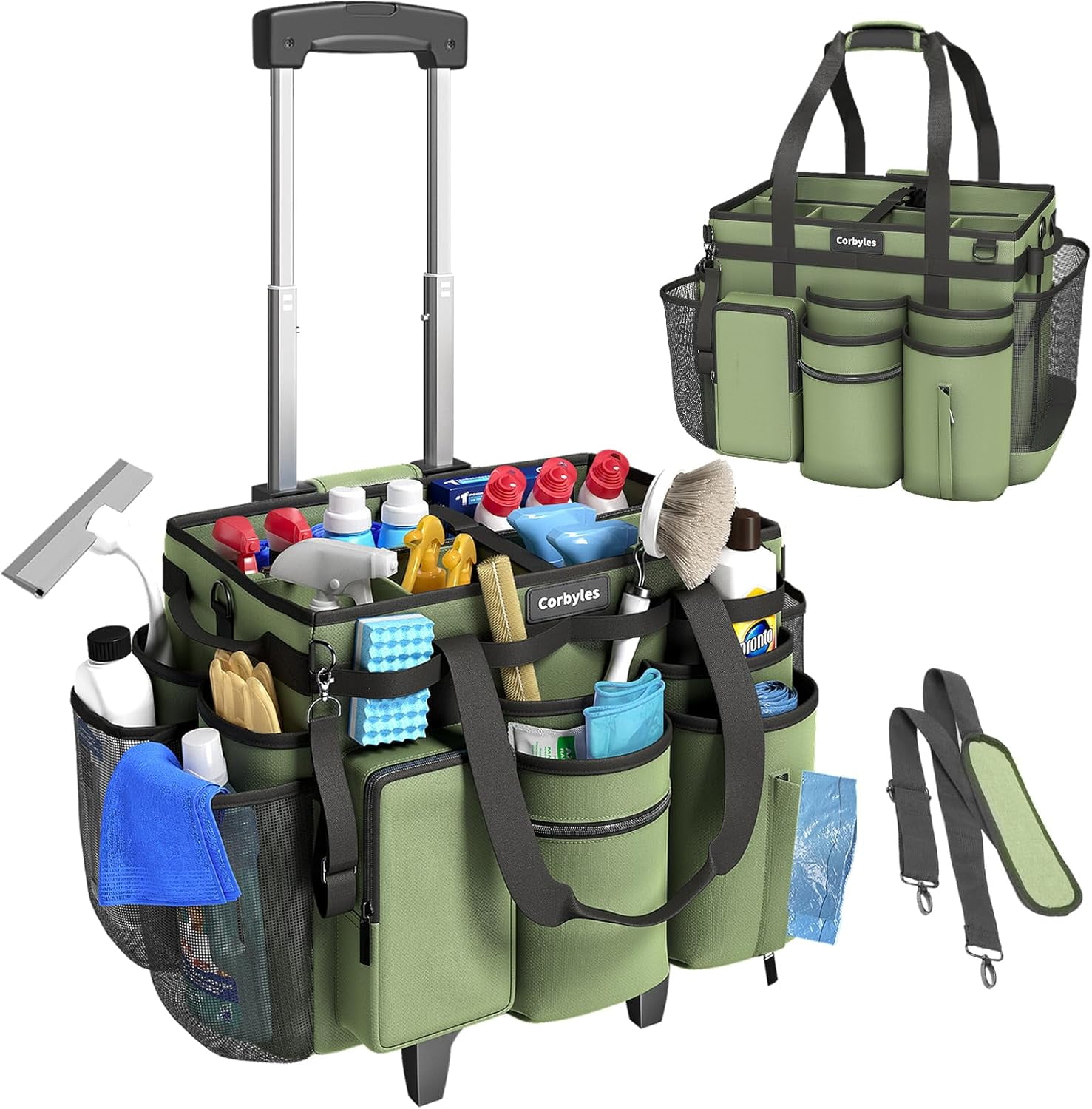 Rolling Cleaning Caddy Bag with Detachable Trolley, Cleaning Supplies ...