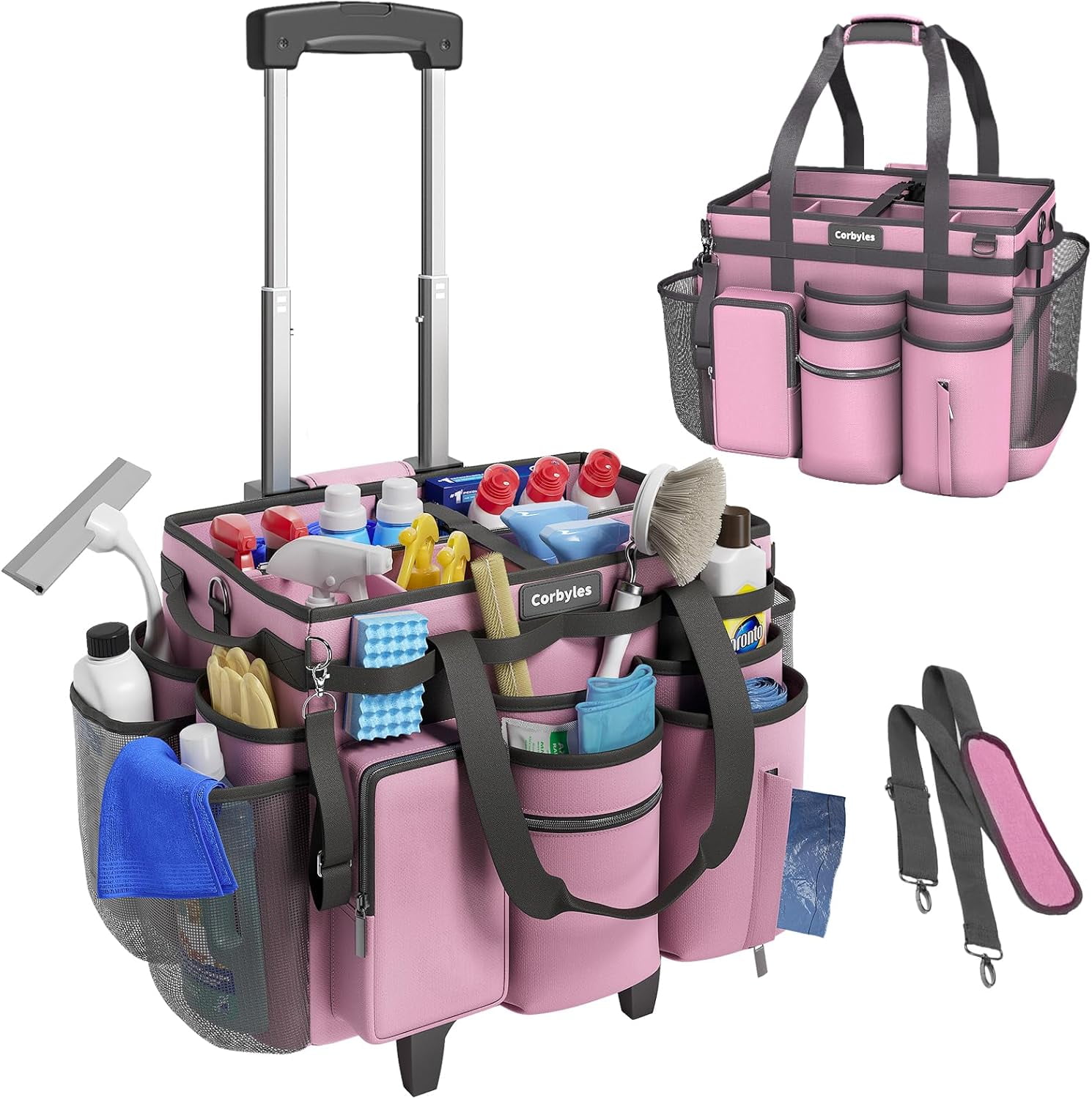 Rolling Cleaning Caddy Bag with Detachable Trolley, Cleaning Supplies ...