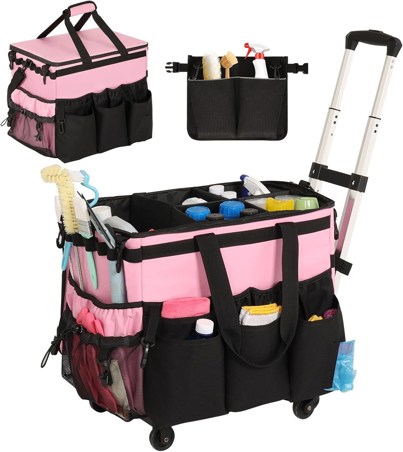 Rolling Cleaning Caddy, Cleaning Caddy Bag with Tool Waist Bag Belt ...