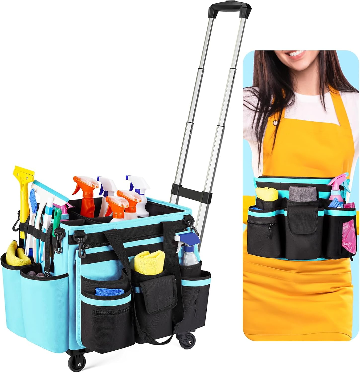 Rolling Cleaning Caddy with Wheels and Lid, 40L Cleaning Tote Organizer ...
