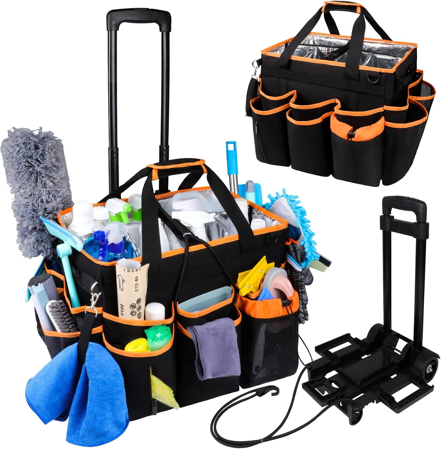 Rolling Cleaning Tote Bag with Detachable Trolley, Large Cleaning ...