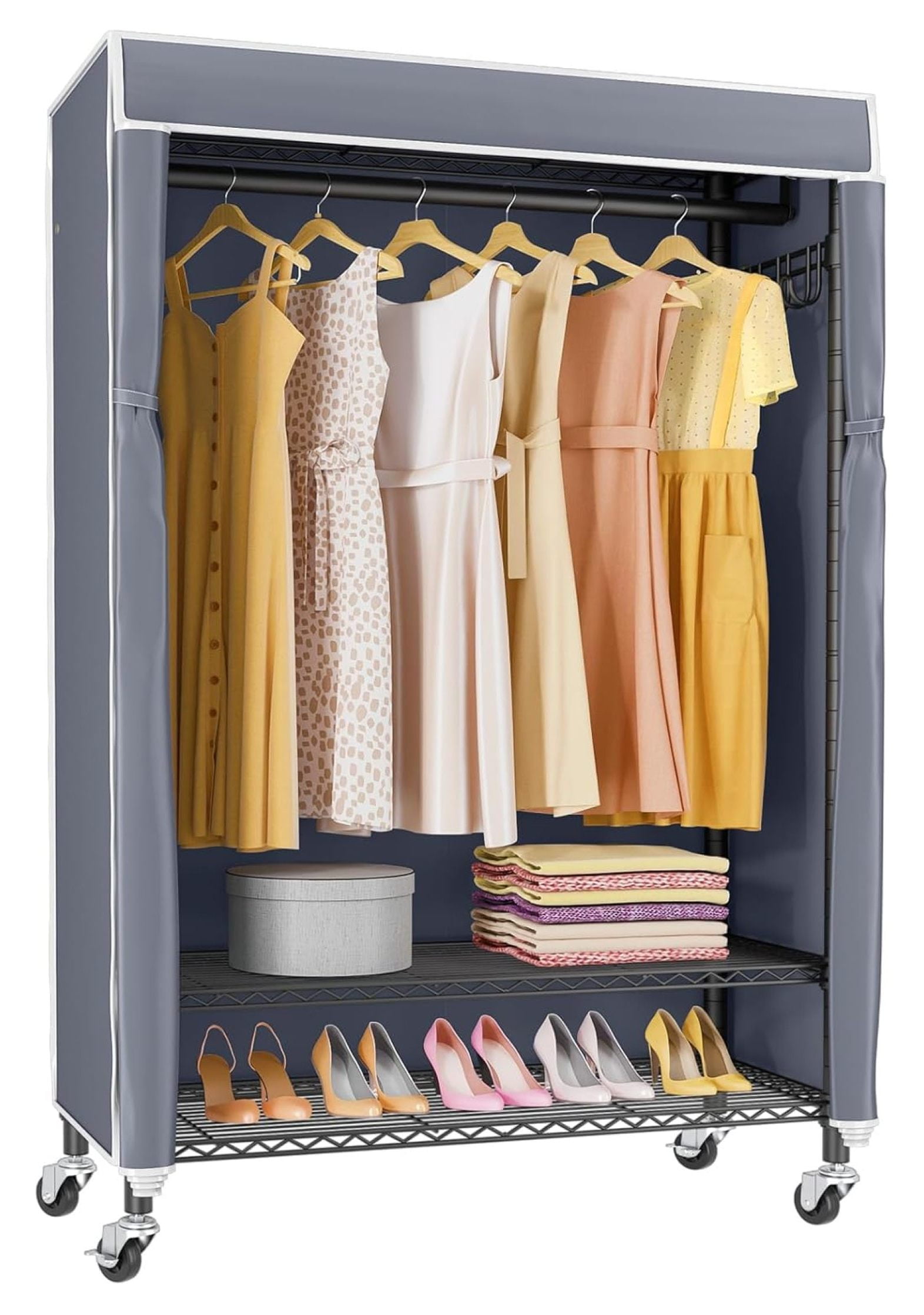 Rolling Clothes Rack with Cover Portable Closet for Hanging Clothes ...