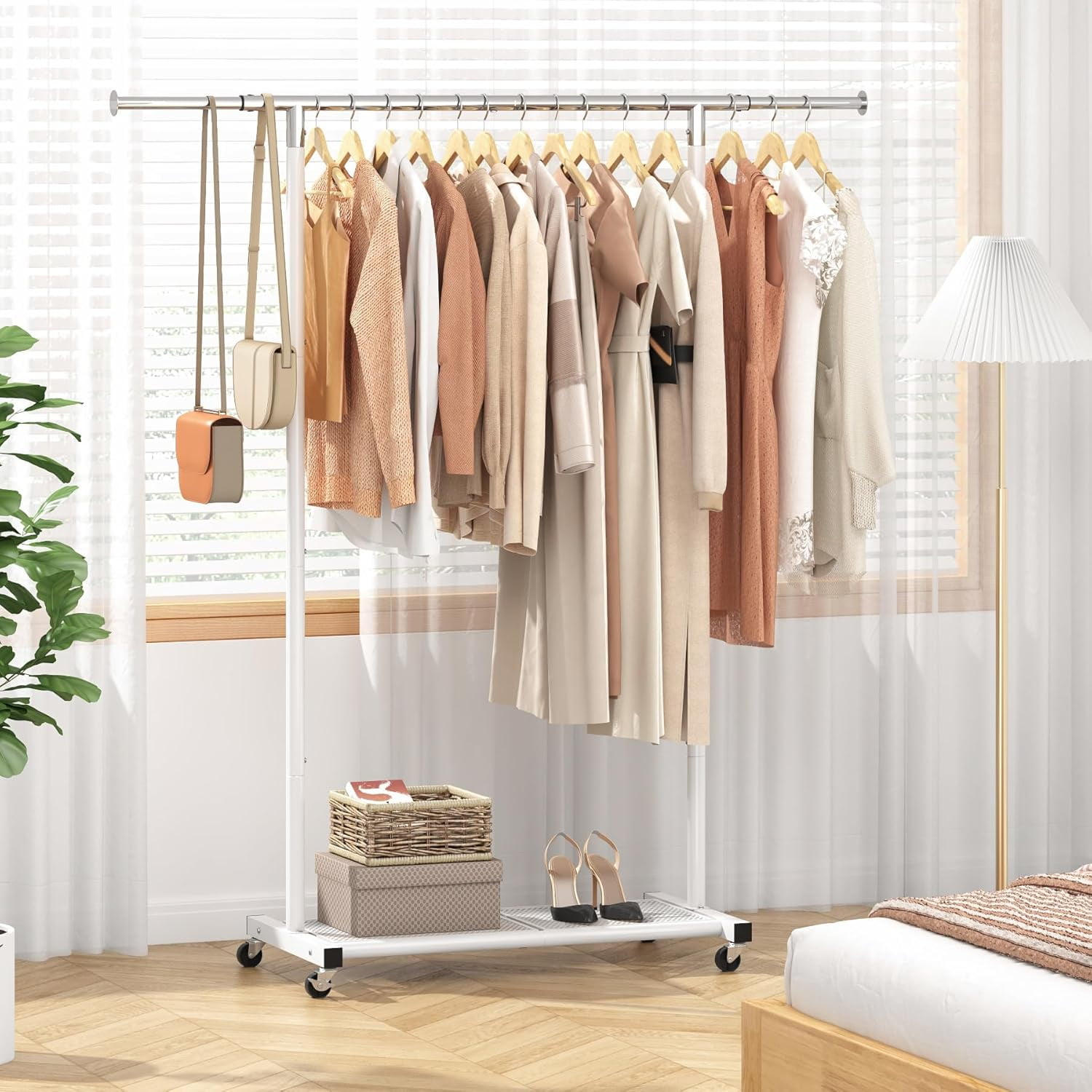 Rolling Clothes Rack with Dense Grid Storage Rack Clothing Hanger with ...