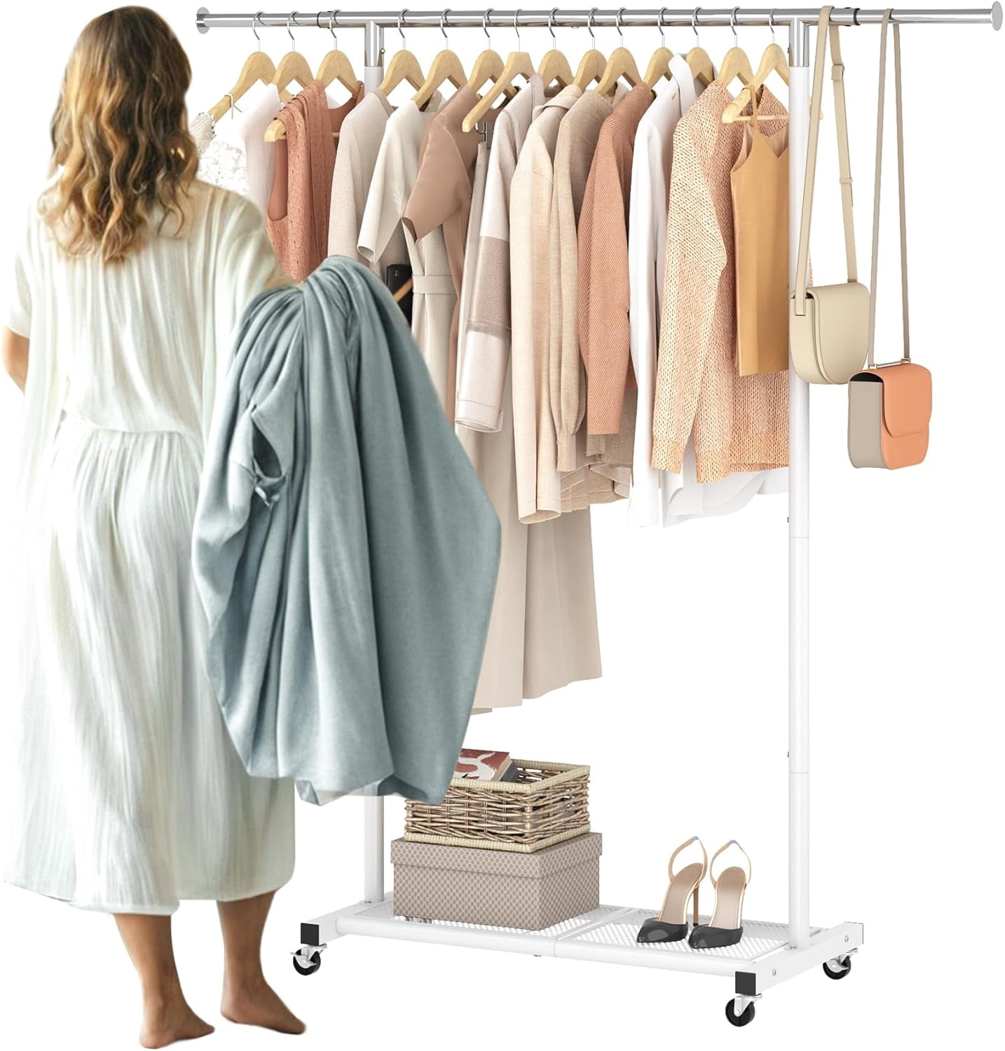 Rolling Clothes Rack with Dense Mesh Storage Shelf Clothing Garment ...