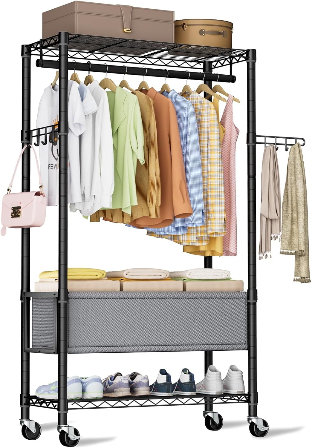 Rolling Clothes Rack Heavy Duty Clothes Rack 3 Tier Adjustable Clothes ...
