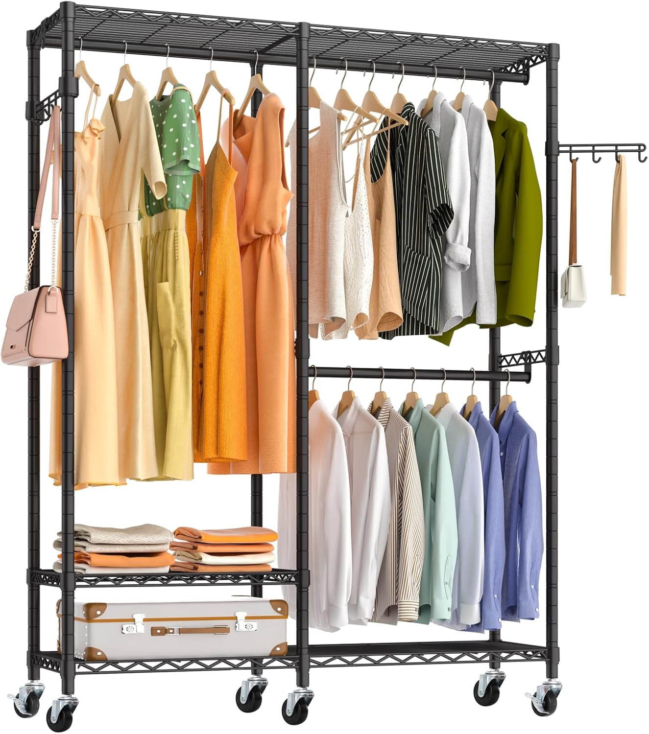 Rolling Clothes Rack, Heavy Duty Garment Rack for Hanging Clothes, Wire ...