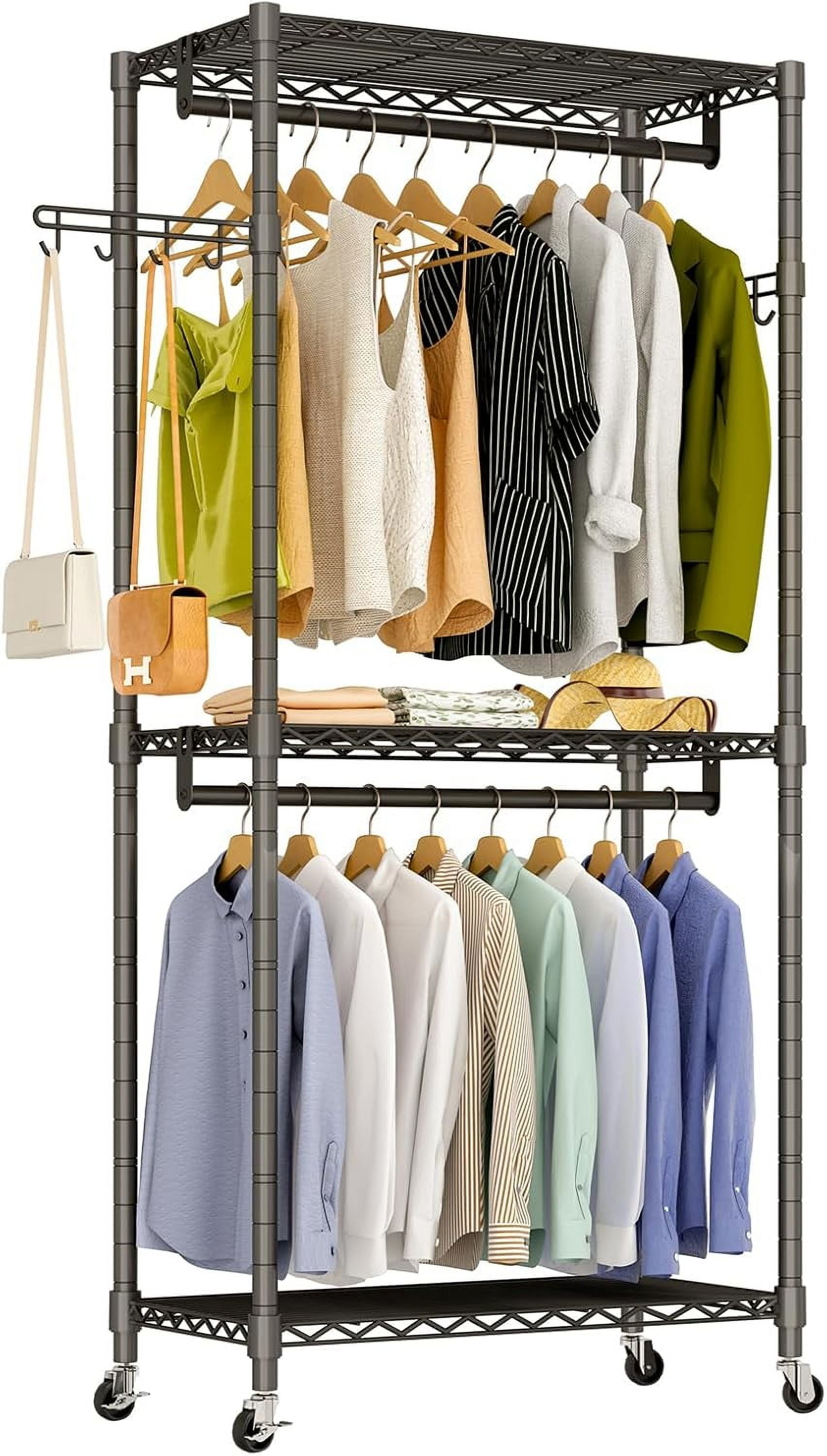 Rolling Clothes Rack, Heavy Duty Wire Adjustable Garment Rack for ...