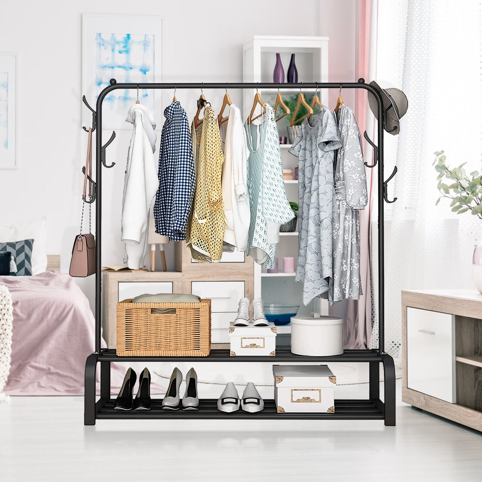 Rolling Clothes Rack, Metal Coat Rack, Double Clothing Rack, Height ...