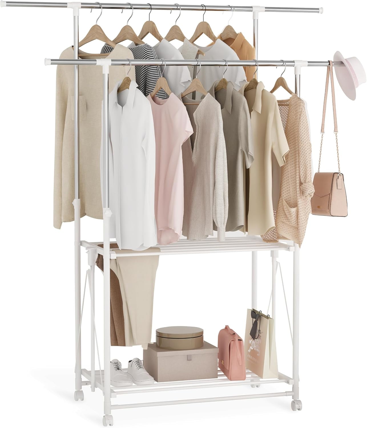 Rolling Clothes Rack with Wheels, Adjustable Double Hanging Rod ...