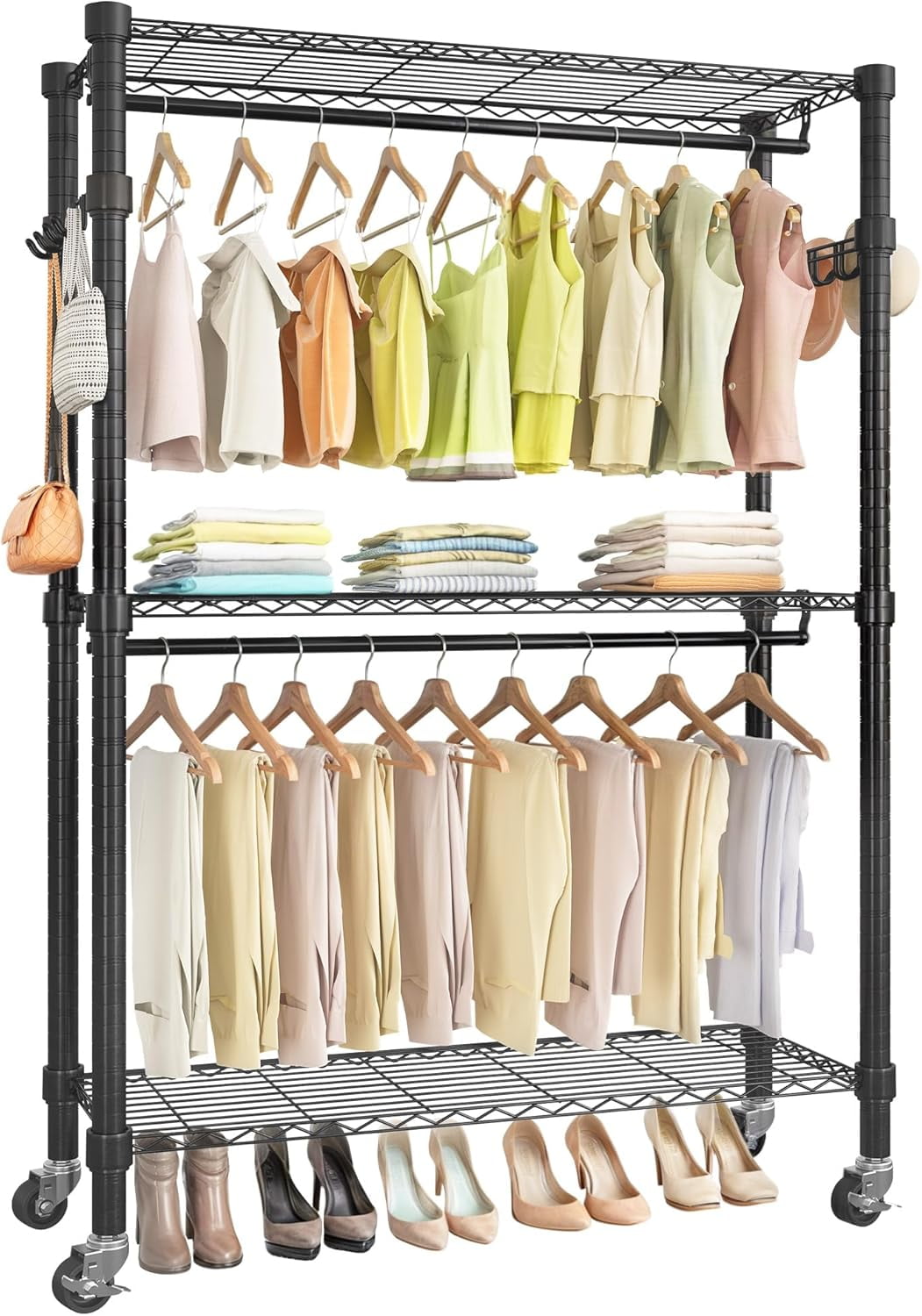 Rolling Clothes Rack with Wheels, Heavy Duty Garment Rack with 3 Tiers ...