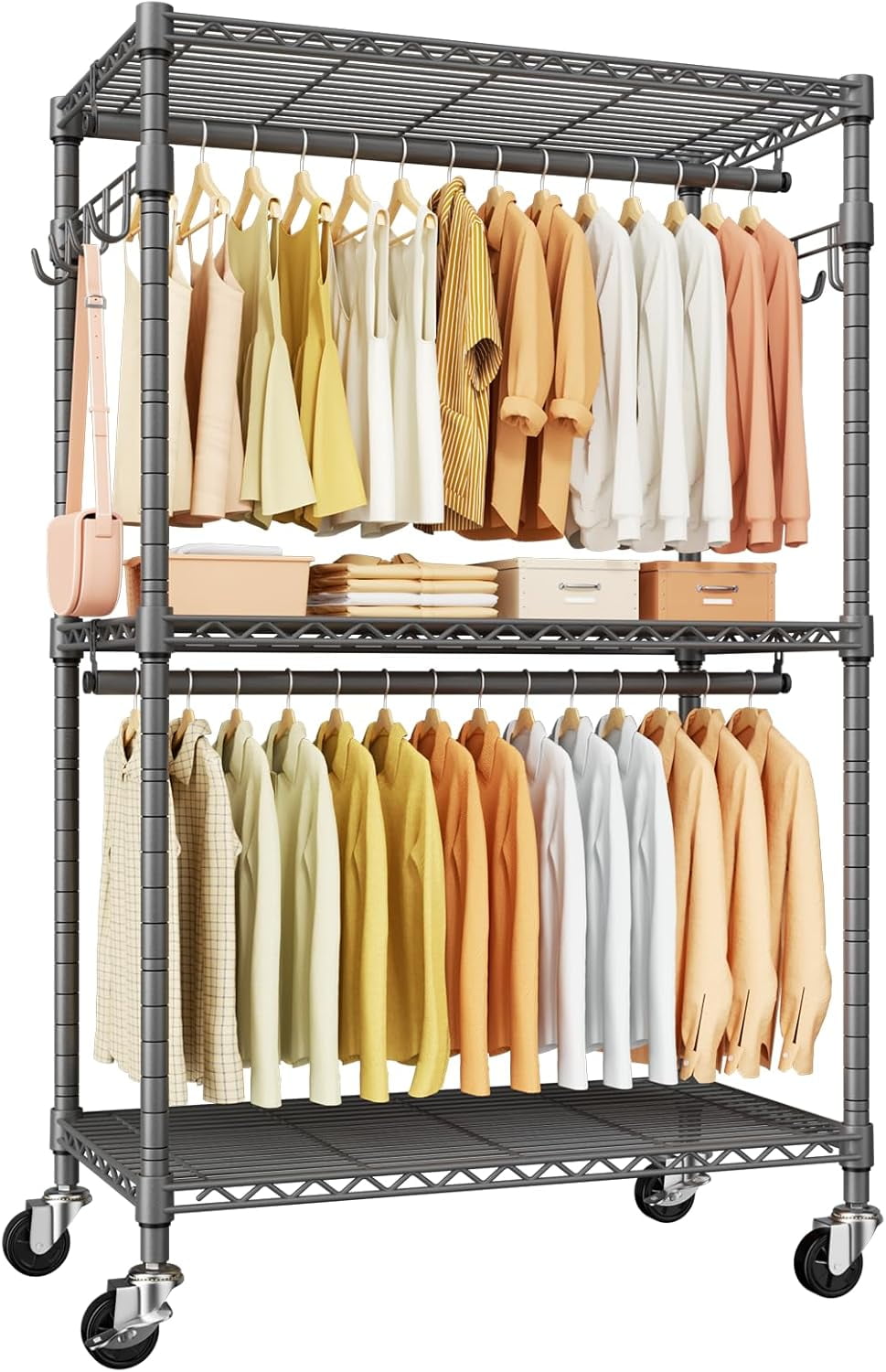 Rolling Clothing Rack with Lockable Wheels, Heavy-Duty Garment Rack for ...