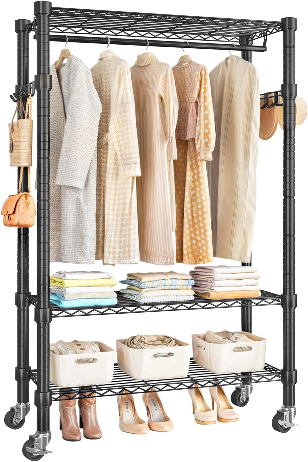 Rolling Clothing Rack with Wheels, Portable Clothes Rack for Hanging ...
