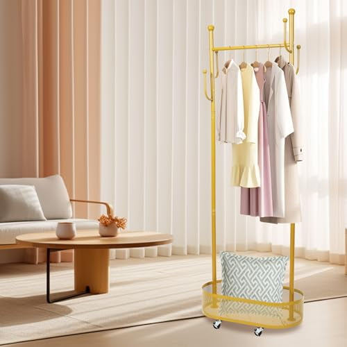 Rolling Coat Rack with Basket Vertical Garment Rack Metal Clothing ...