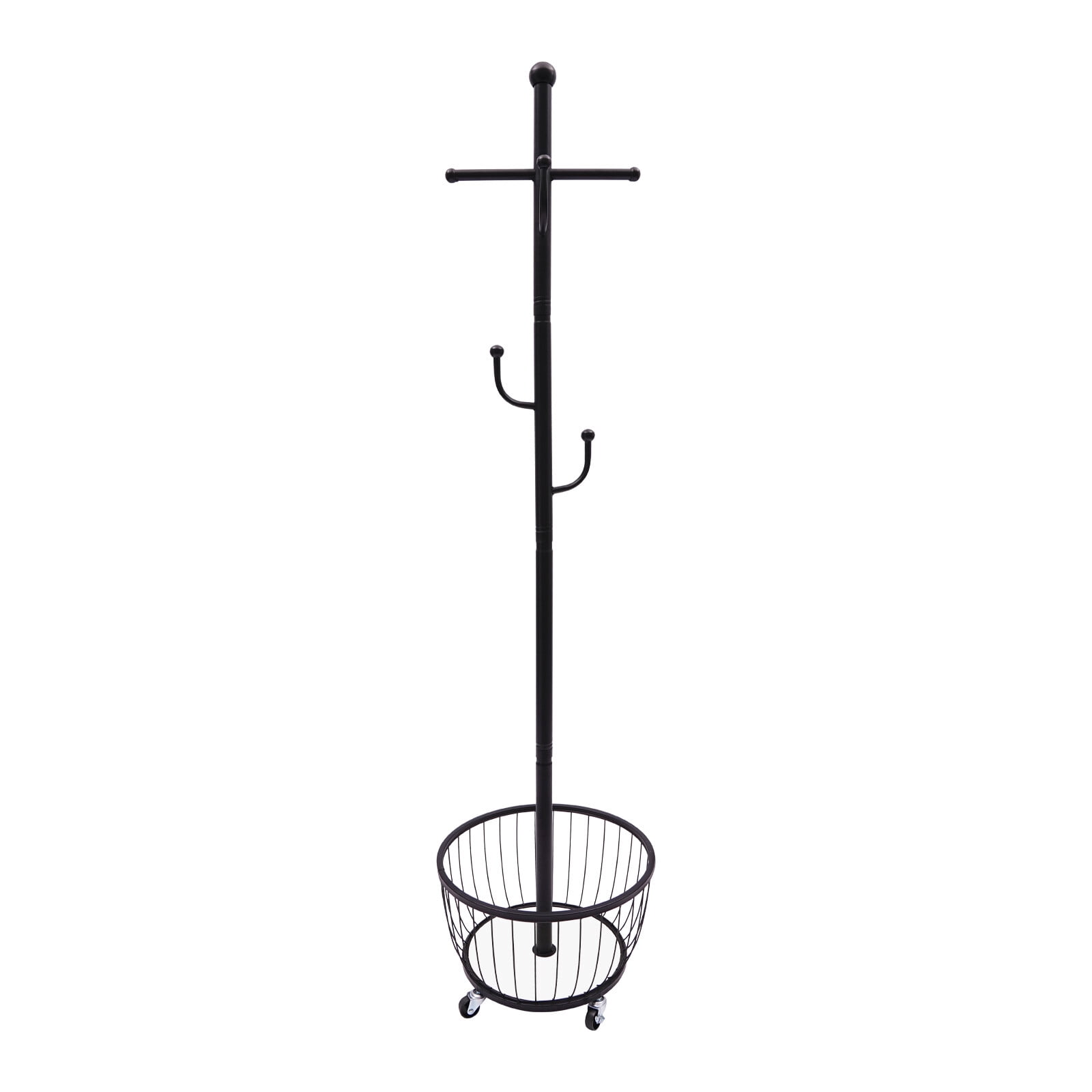 Rolling Coat Rack, Black Mobile Coat Stand with Basket & Wheels, 6 ...
