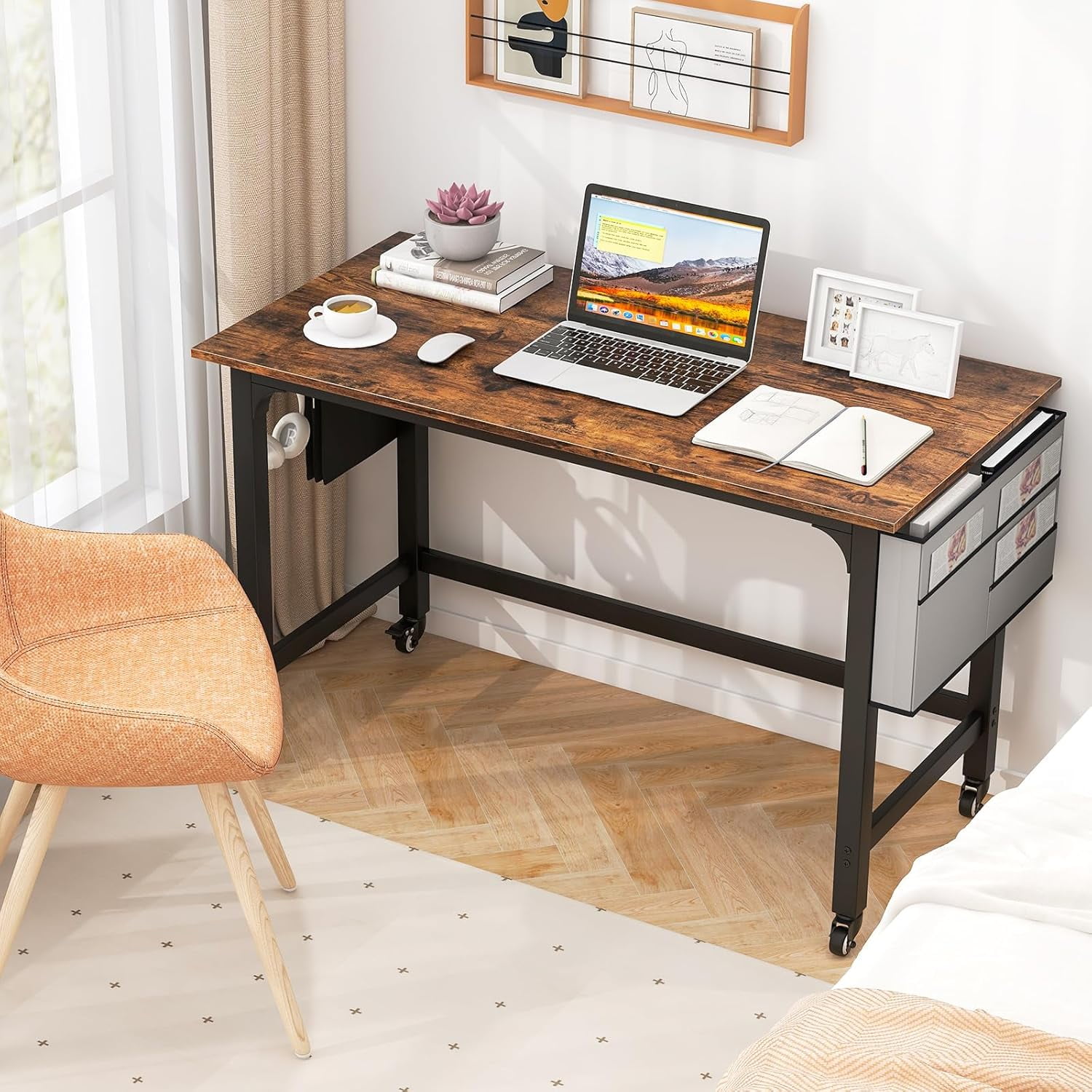 Rolling Computer Desk with Storage Solutions, Metal Frame Mobile ...
