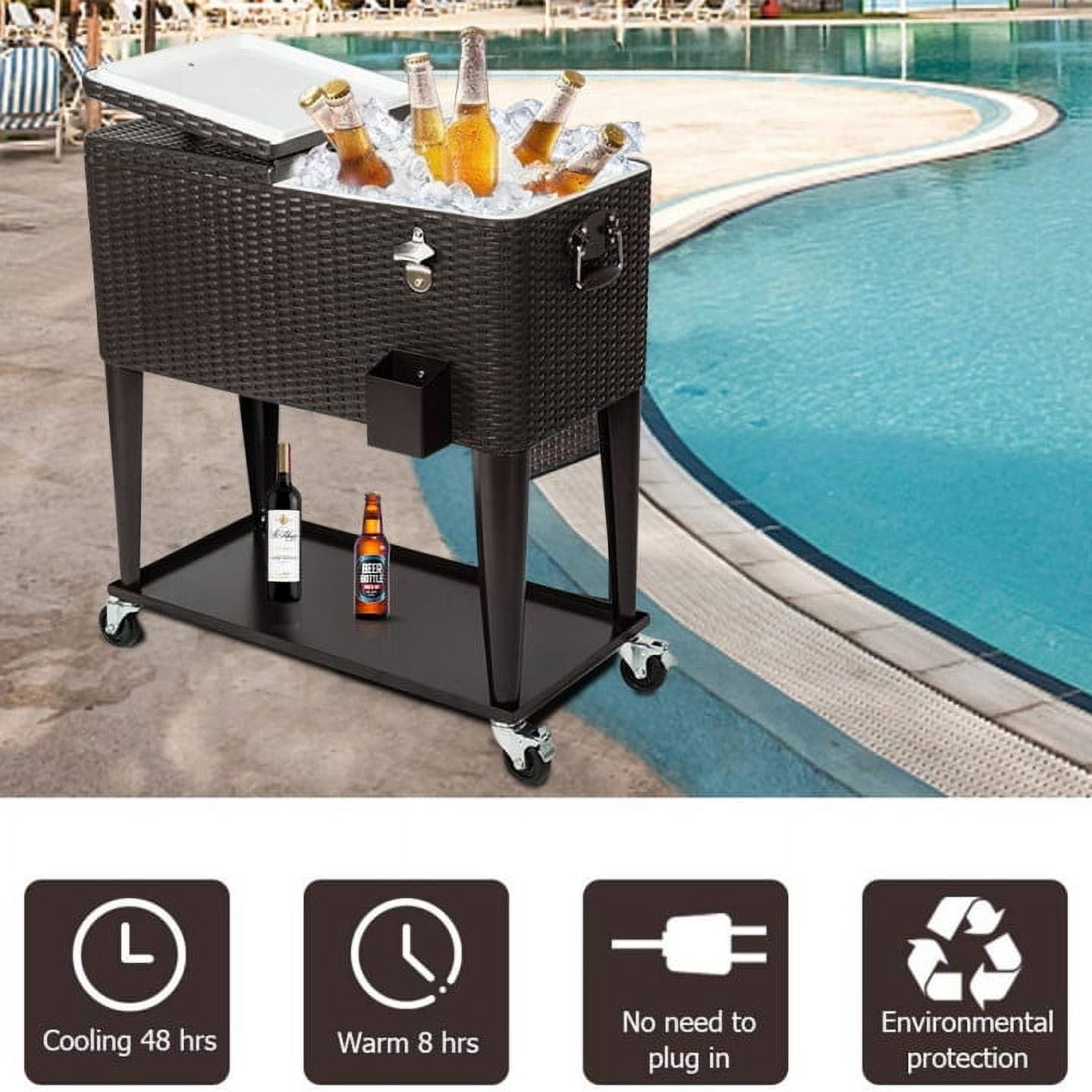 Rolling Cooler Cart, 80 Quart Rattan Ice Chest for Outdoor Patio Deck ...