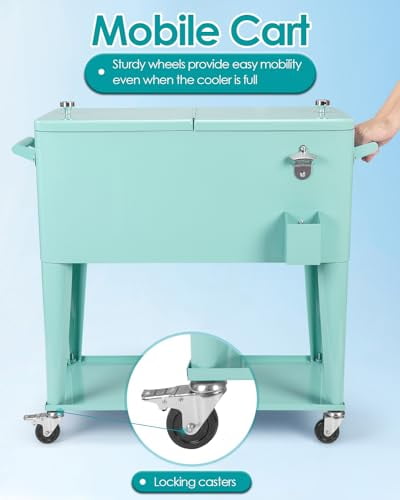 Rolling Cooler Cart with Wheels, Portable 80 Quart Bar Drink Cooler ...